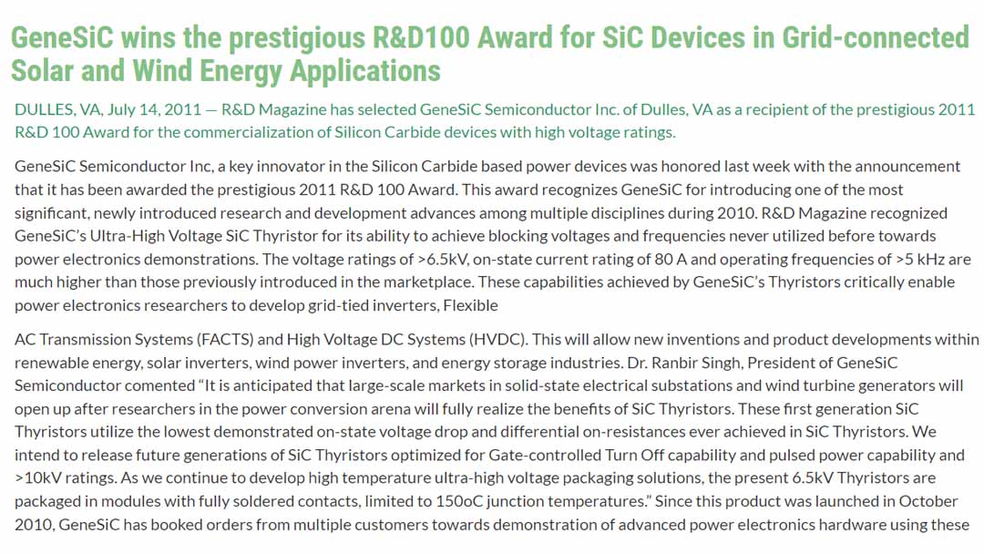 GeneSiC wins the prestigious R&D100 Award for SiC Devices in Grid-connected Solar and Wind ...